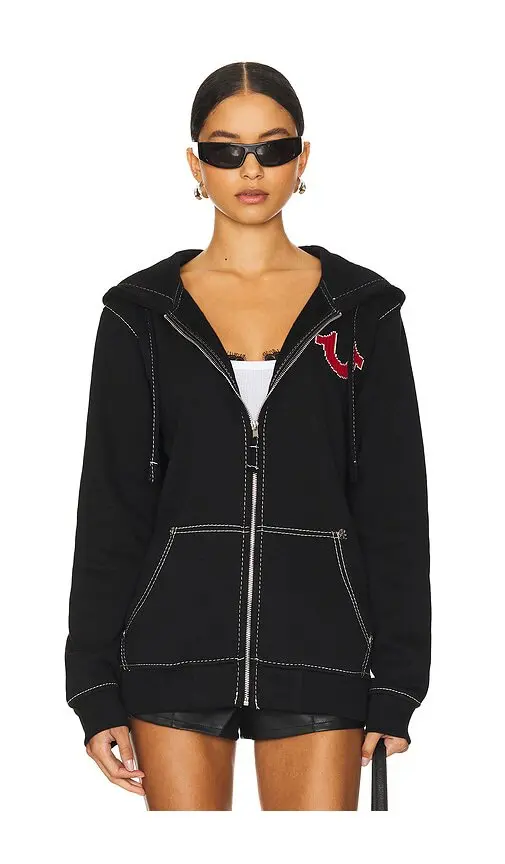 True Religion Big-T Cross Stitch Zip Up Hoodie In Black - Jet